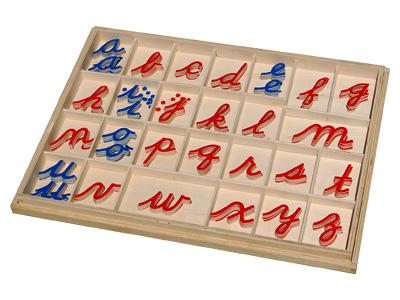 Medium Movable Alphabet, Cursive Red & Blue with Box | E&O Montessori