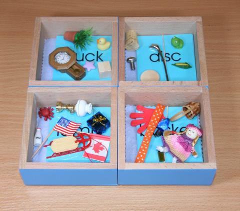 Blue Wooden Boxes with Objects and Word Cards | E&O Montessori
